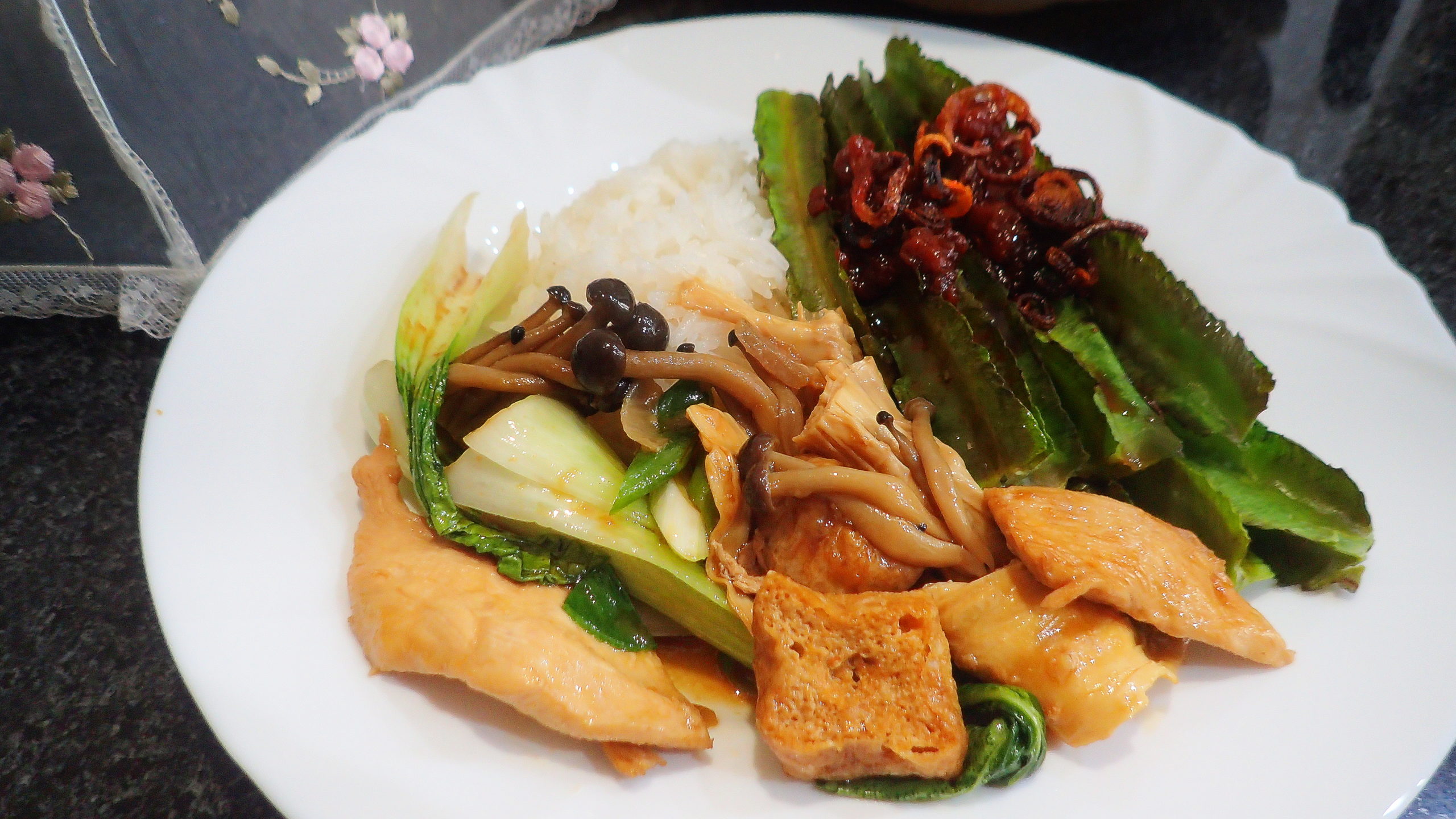 Braised trio of soyabean products - toufo, dried beancurd (fu chok) and ...